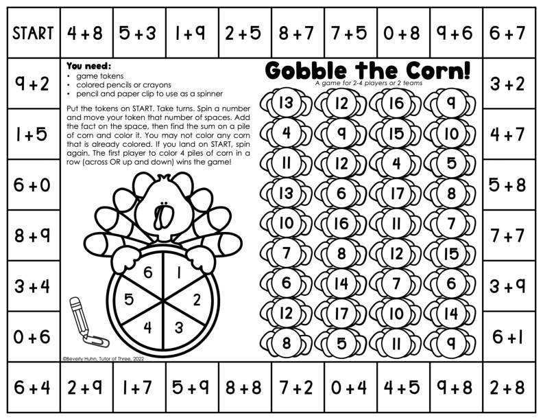 Thanksgiving Math Game - Addition Within 20 - Classful
