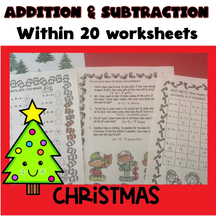 Christmas Addition and Subtraction Within 20 Worksheets - Classful