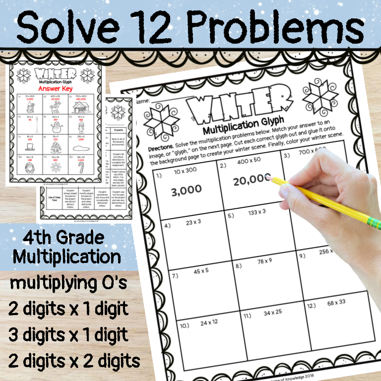 4th Grade Multiplication Practice Activity Winter Glyph PRINT and ...