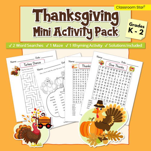 Thanksgiving Mini Activity Pack | Word Searches, Maze & Rhyming ...