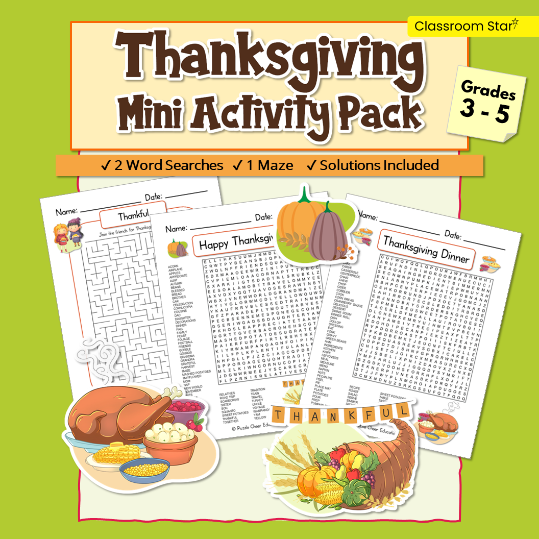 Thanksgiving Mini Activity Pack | Word Searches, Maze & Rhyming ...