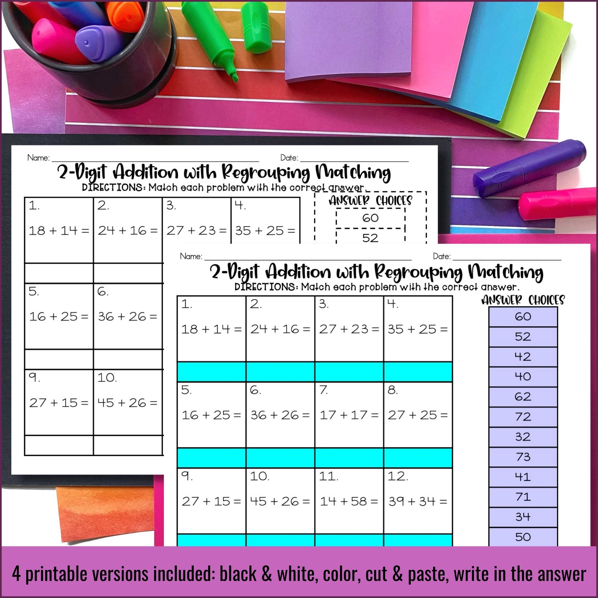 2 Digit Addition with Regrouping Matching Digital and Printable ...