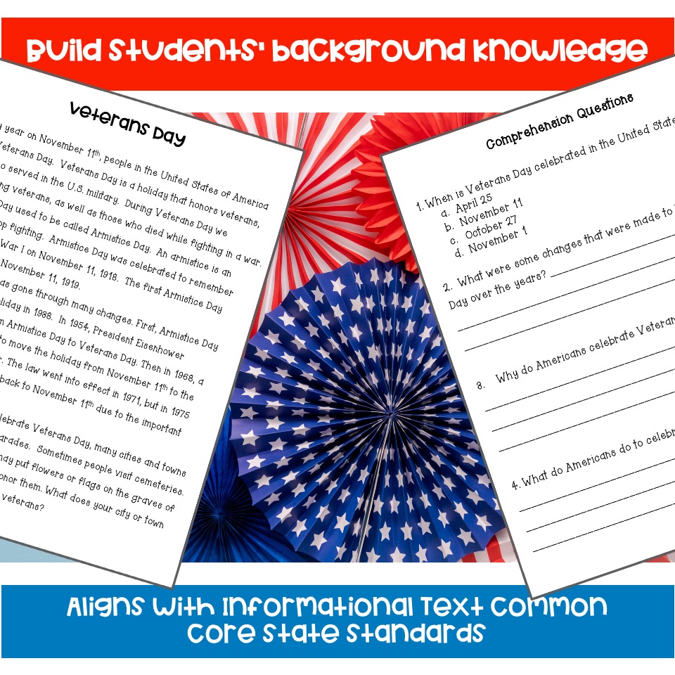 Veterans Day Reading Comprehension & Activities Packet - Classful