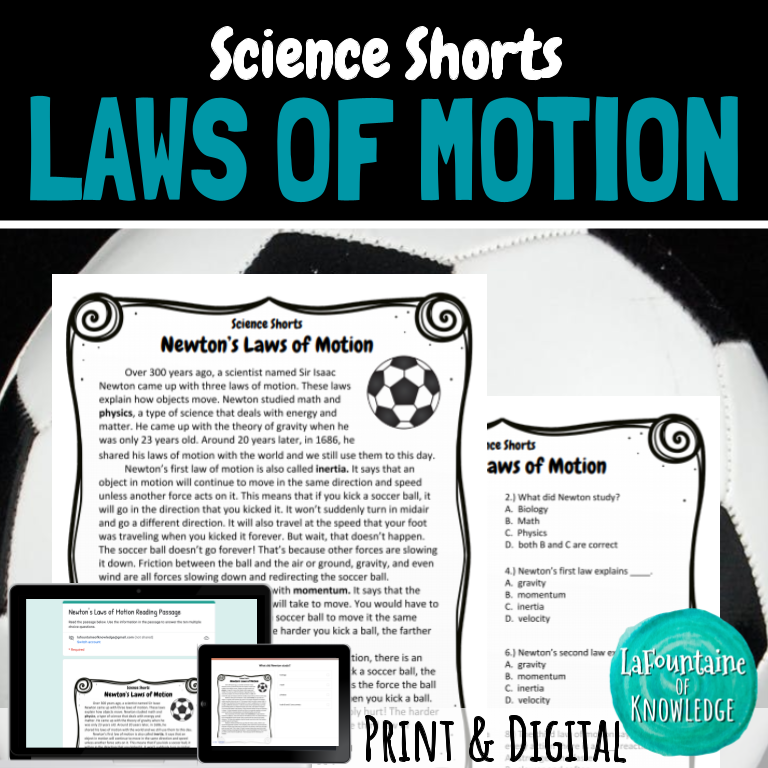 Newton's Laws of Motion Reading Comprehension Passage PRINT and DIGITAL ...