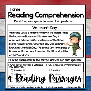 VETERAN'S DAY READING COMPREHENSION | 4 Passages | 16 WH Questions ...