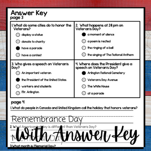 VETERAN'S DAY READING COMPREHENSION | 4 Passages | 16 WH Questions ...