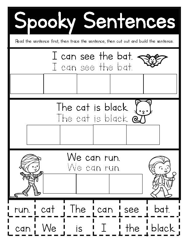 NO PREP Halloween Sentence Tracing, Cutting, Gluing Center ...