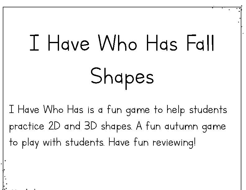 November 2D/3D Shapes I Have Who Has Game - Kindergarten, VPK, 1st ...