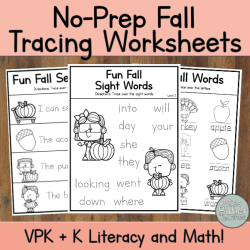 NO PREP November Fall Tracing Worksheets - VPK + Kindergarten - Classful
