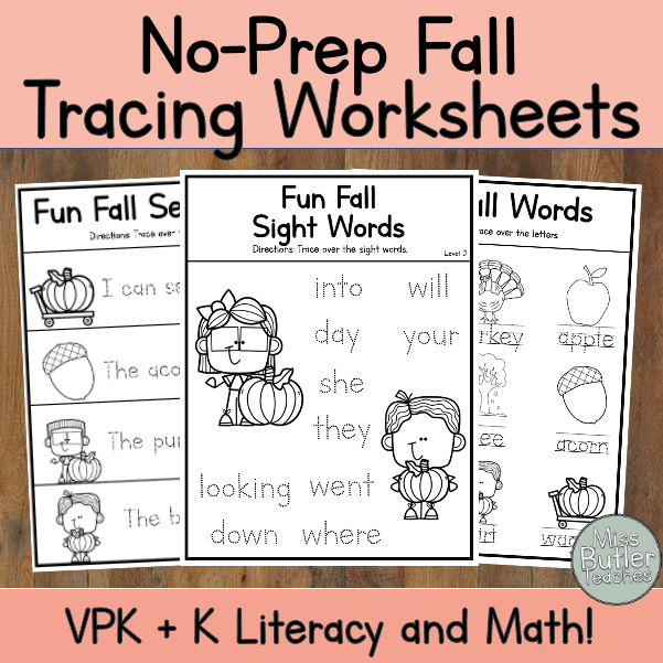 NO PREP November Fall Tracing Worksheets - VPK + Kindergarten - Classful