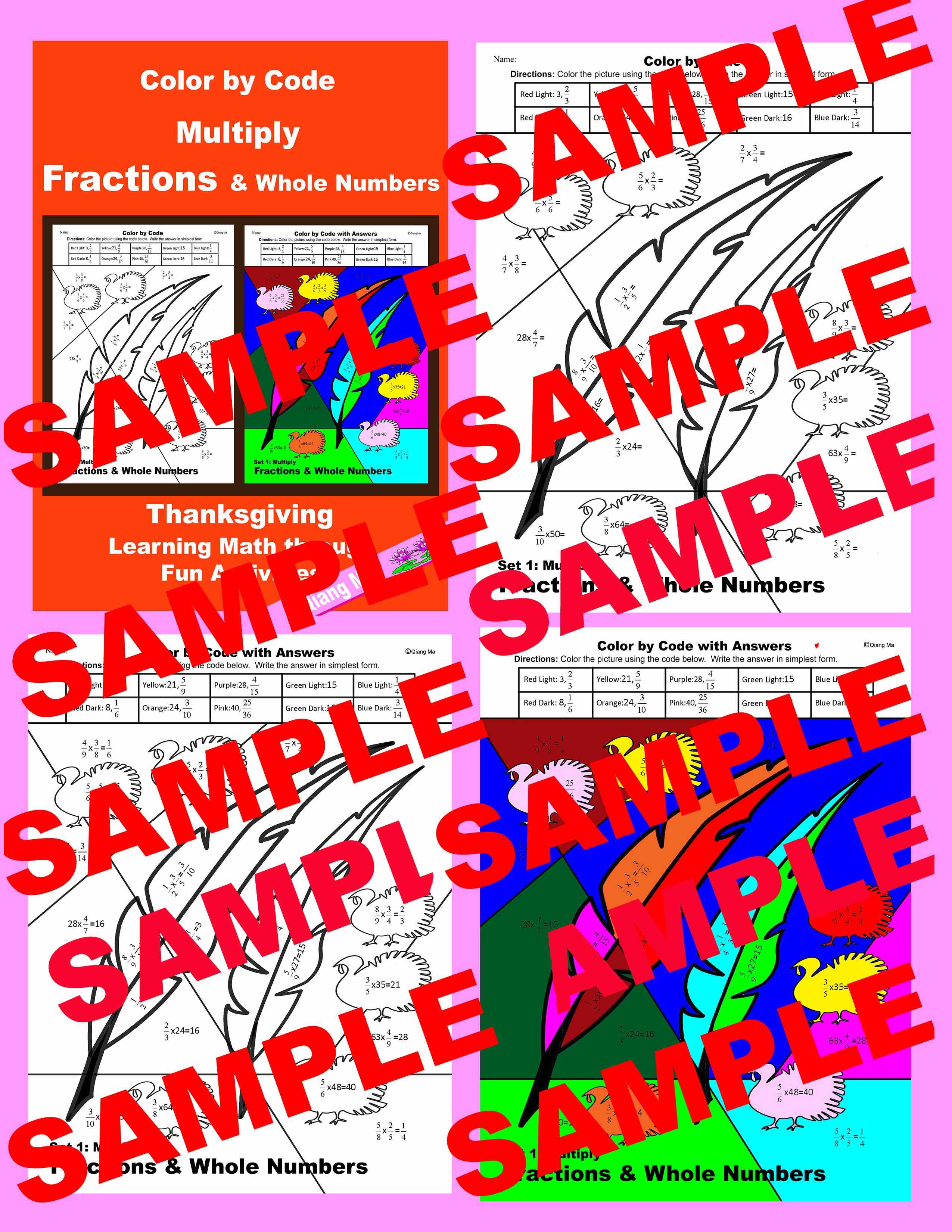 Thanksgiving Color by Code- Multiply Fractions and Whole Numbers - Classful