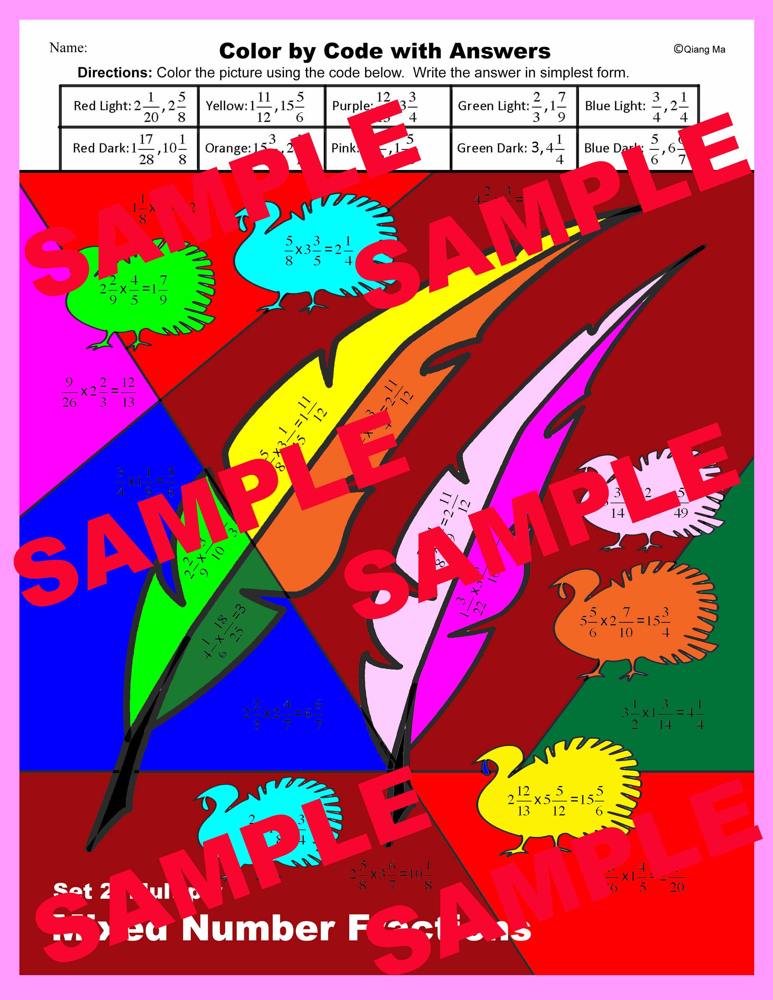 Thanksgiving Color by Code- Multiply Mixed Number Fractions - Classful