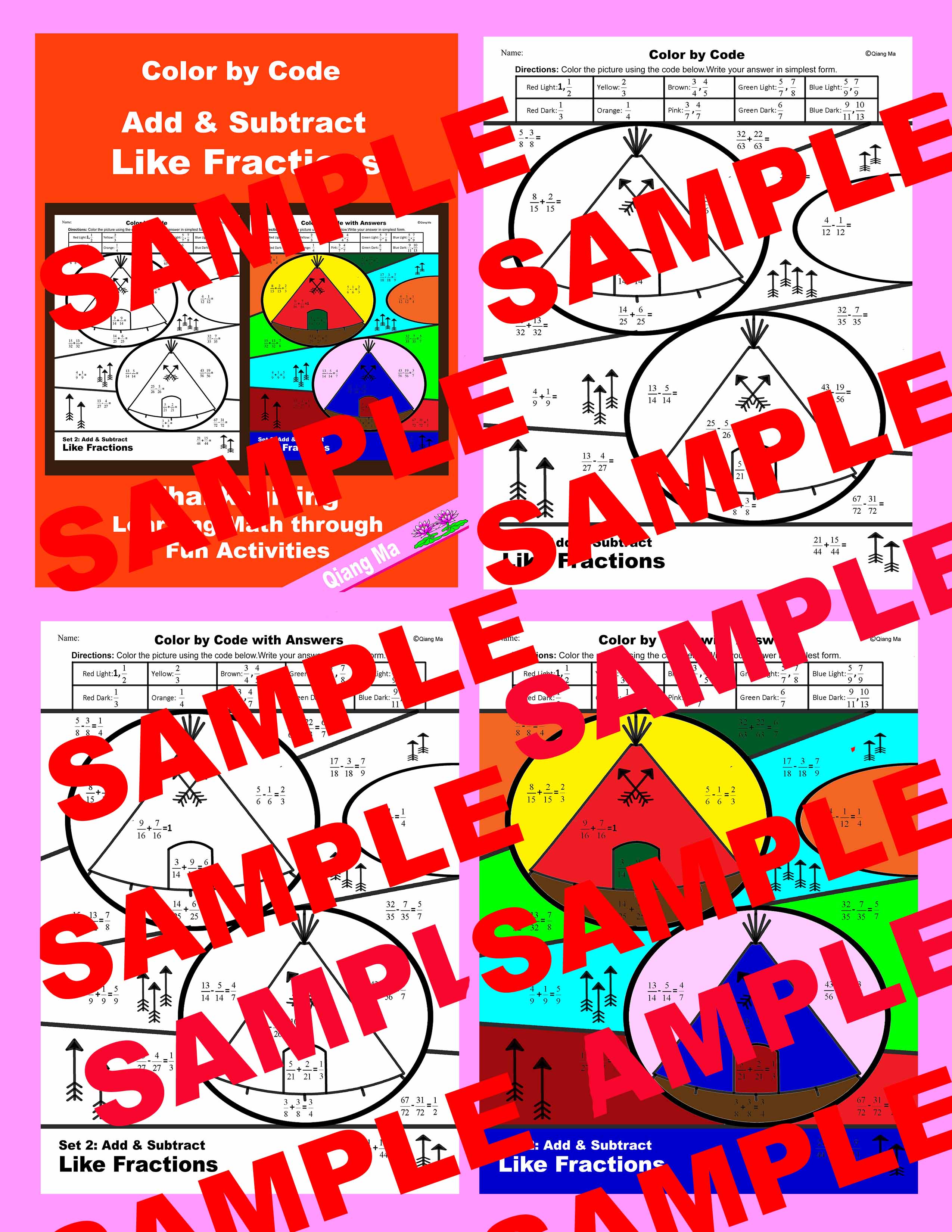 Thanksgiving Color by Code- Add and Subtract Like Fractions - Classful