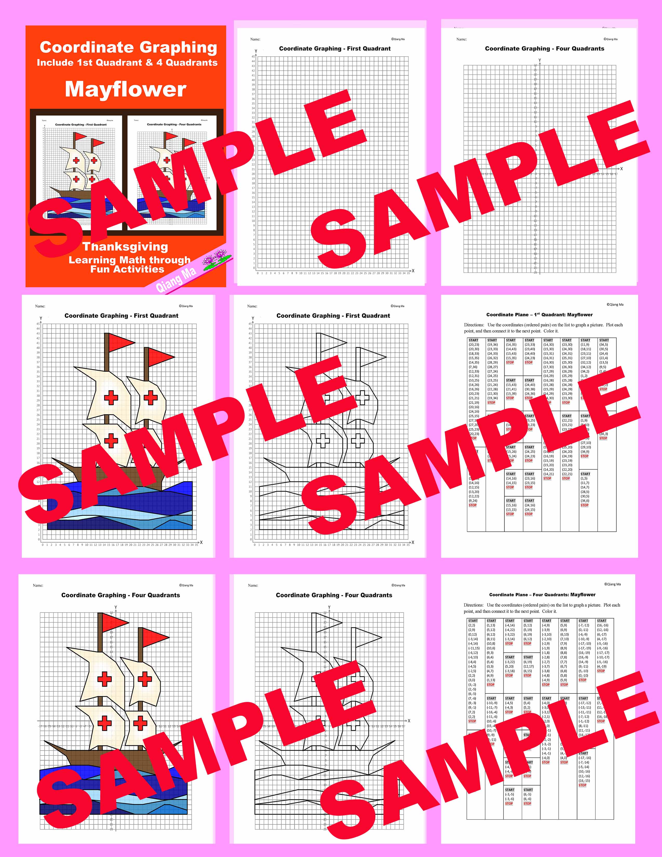 Thanksgiving Coordinate Plane Graphing Picture- Mayflower - Classful