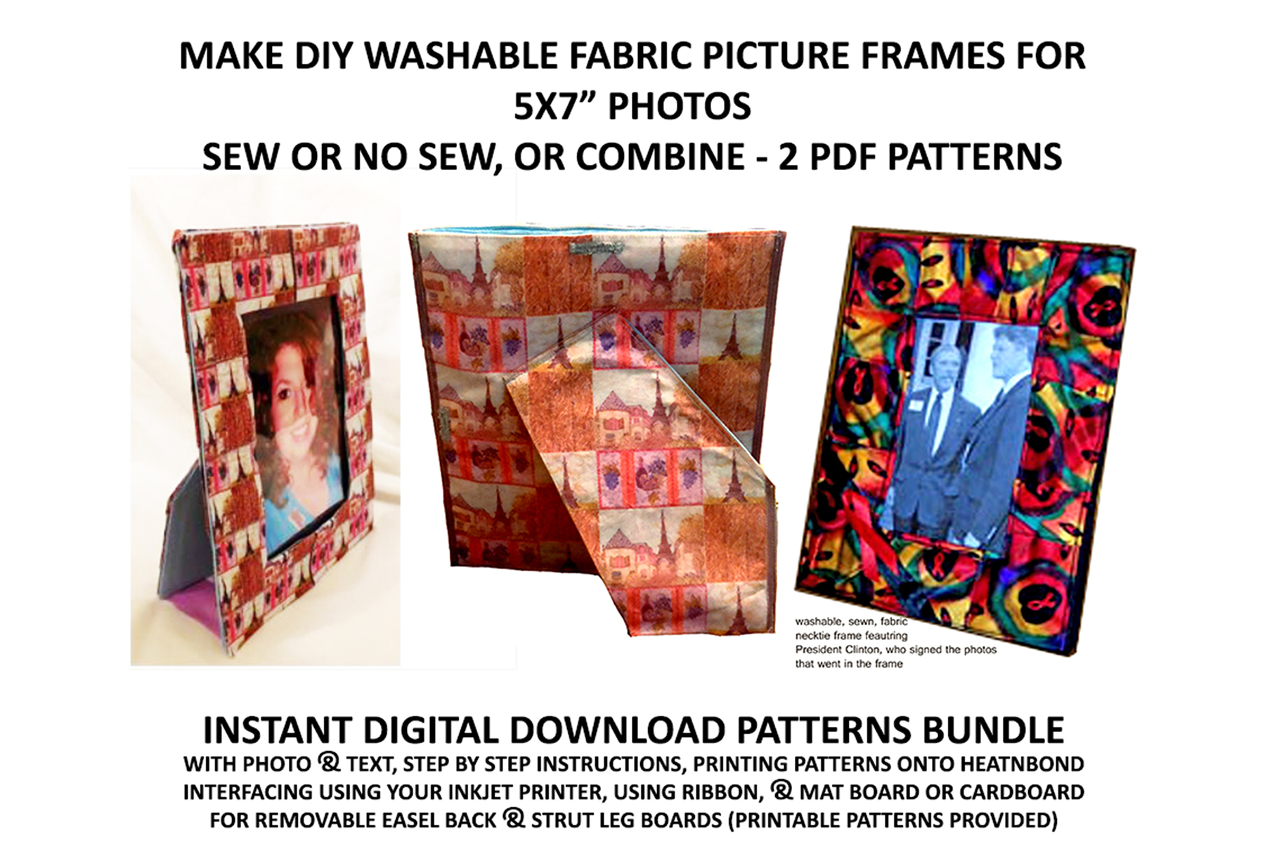 2 Patterns Make Washable Sew Or No Sew Picture Frames For 5x7 Photo ...