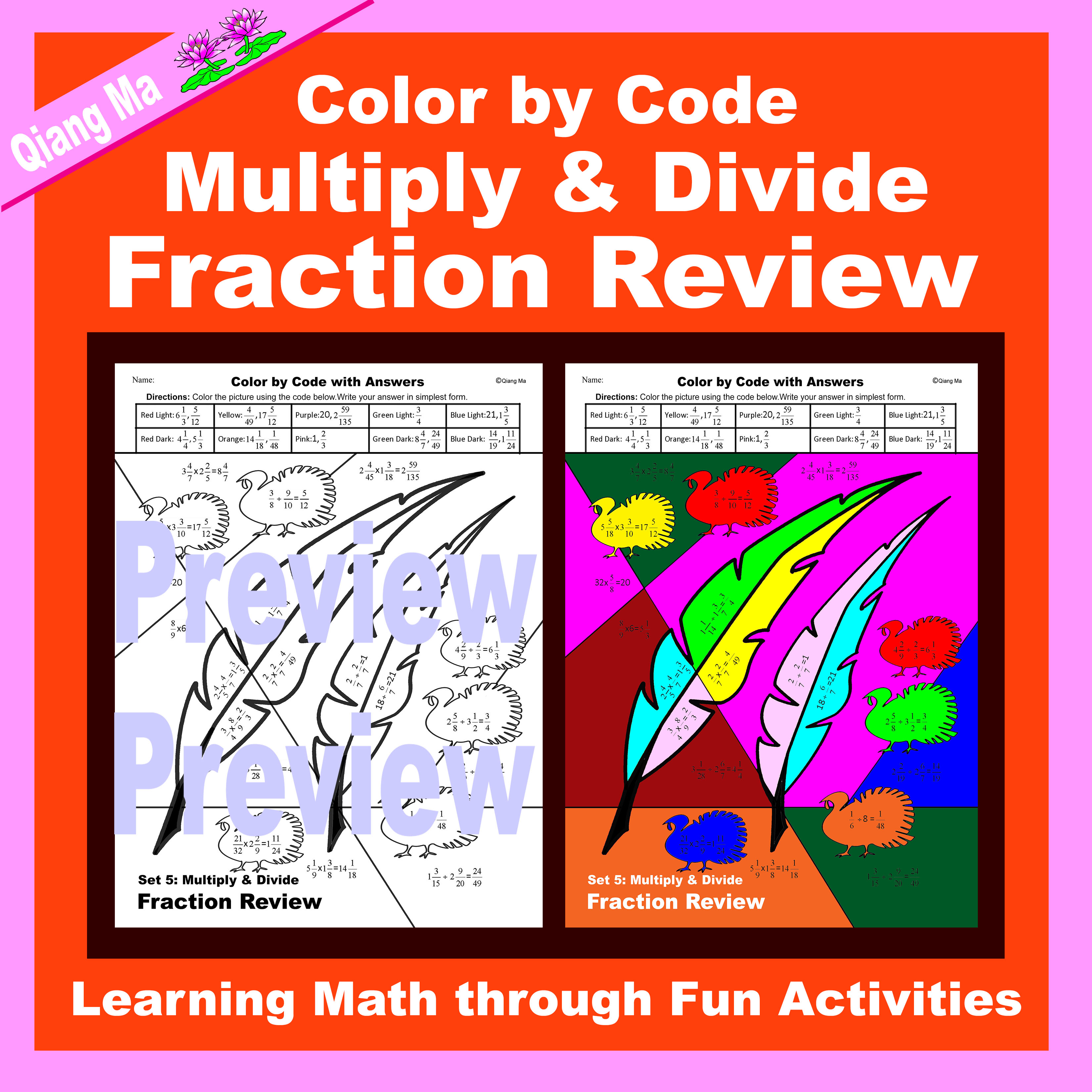Thanksgiving Color by Code- Multiply and Divide Fractions 5 in 1 - Classful