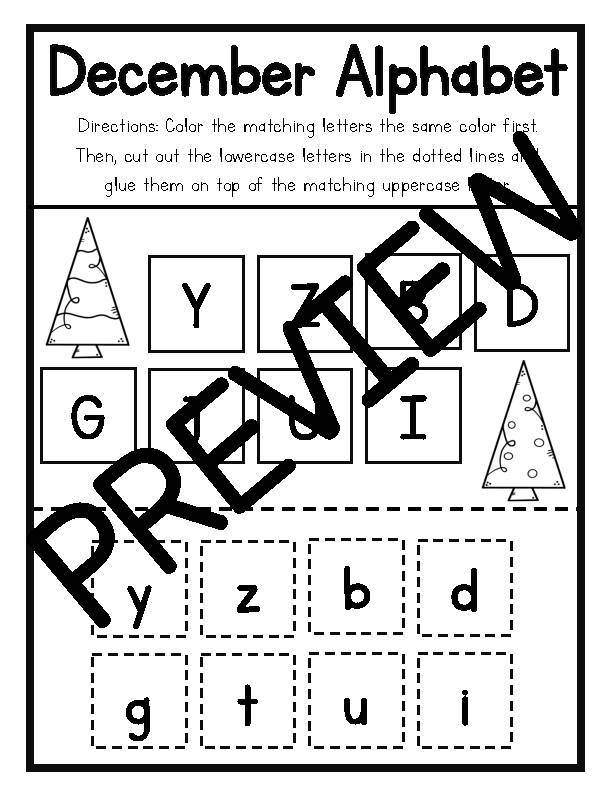 December Kindergarten Worksheets - Cut Glue and Match Alphabet Center ...