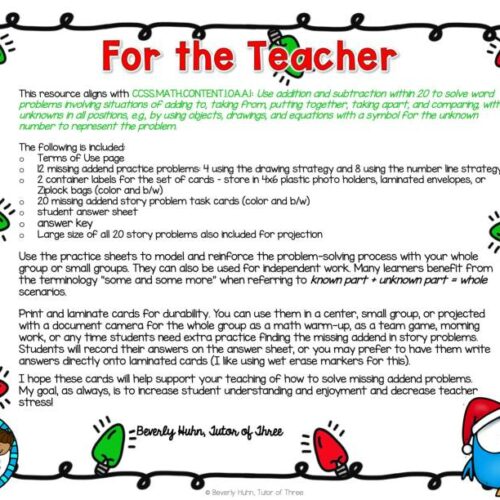 Christmas Holiday Missing Addends Word Problems Math Task Cards - Classful