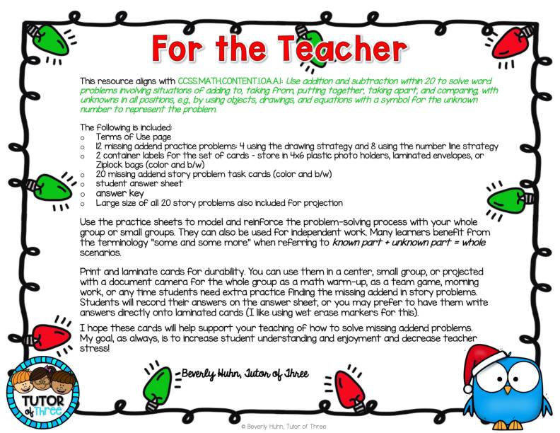 Christmas Holiday Missing Addends Word Problems Math Task Cards - Classful