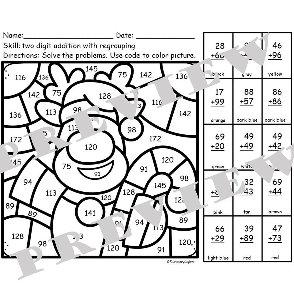 Christmas Math Coloring Pages 2 Digit Addition with Regrouping Color by ...