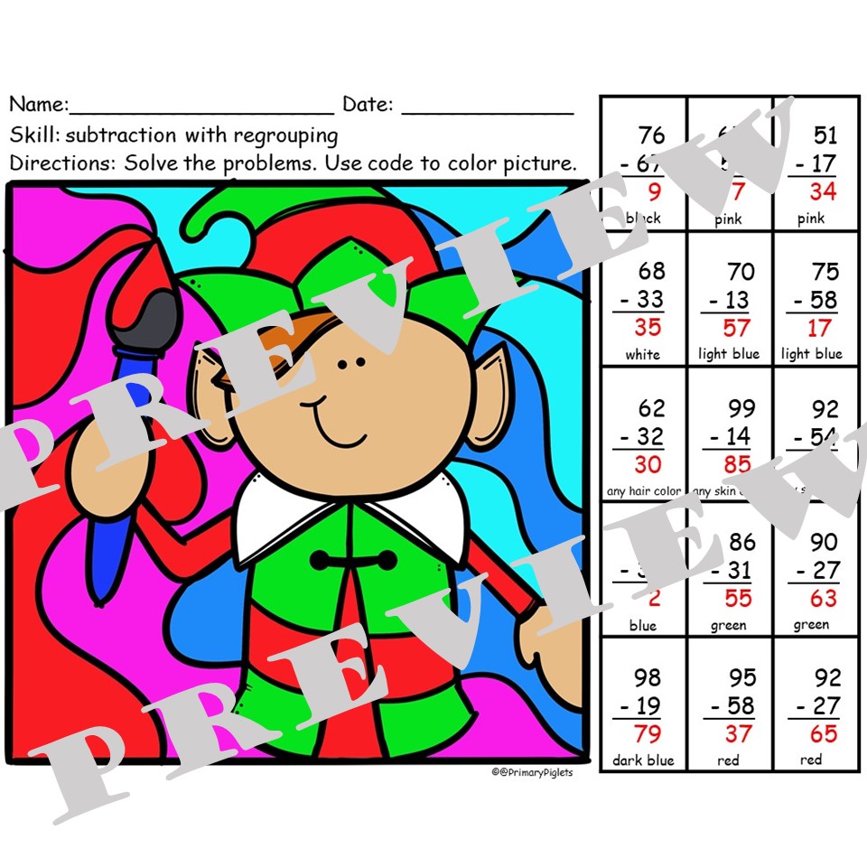 Christmas Math Coloring Pages 2 Digit Subtraction with Regrouping Color ...