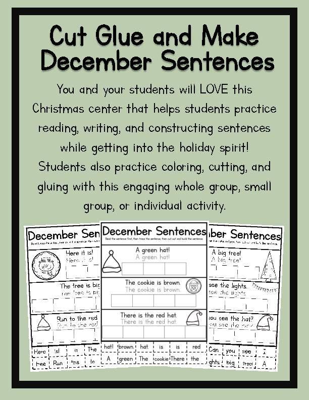 December Kindergarten Worksheets - Cut Glue and Match Sentences Center ...