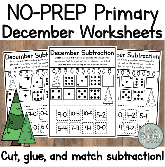 December Kindergarten Worksheets - Cut Glue and Match Subtraction Math ...