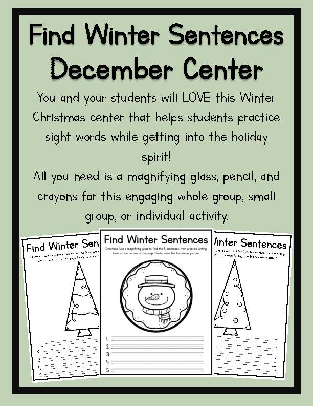 December Kindergarten Worksheets - Find Winter Sentences Center - Classful