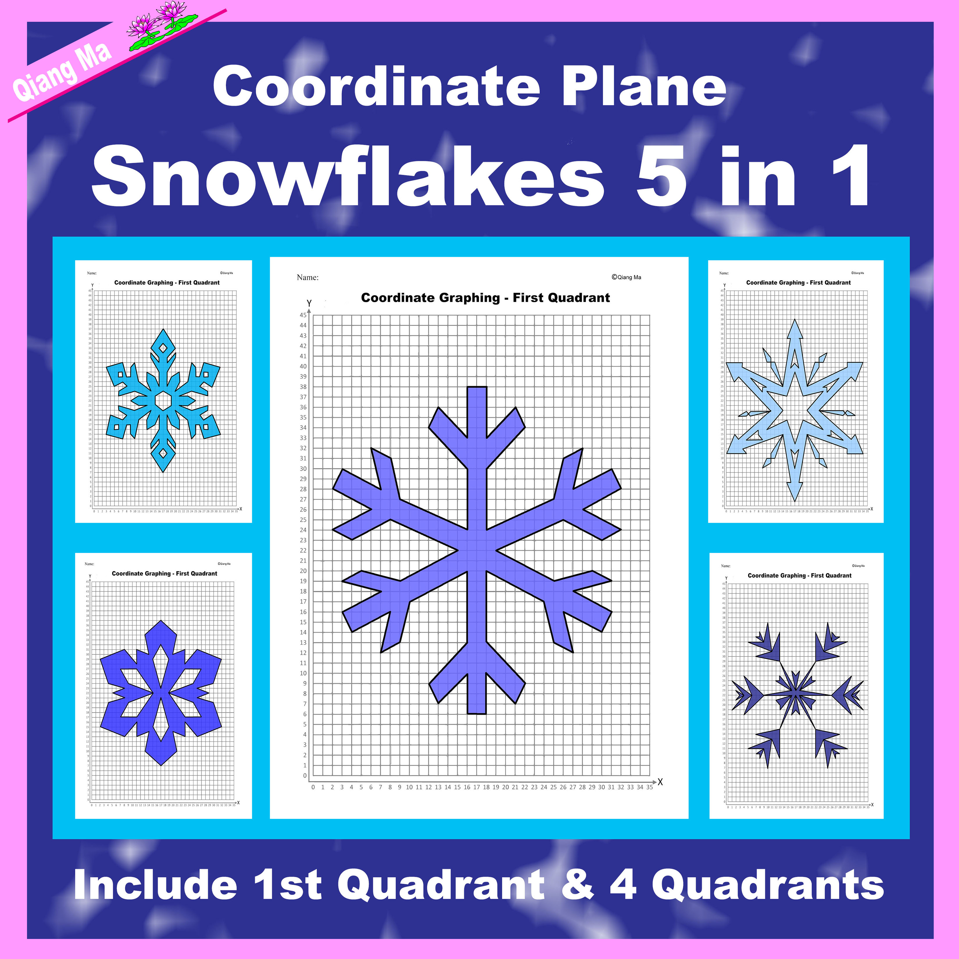 Winter Coordinate Plane Graphing Picture- Snowflakes Bundle 5 in 1 ...