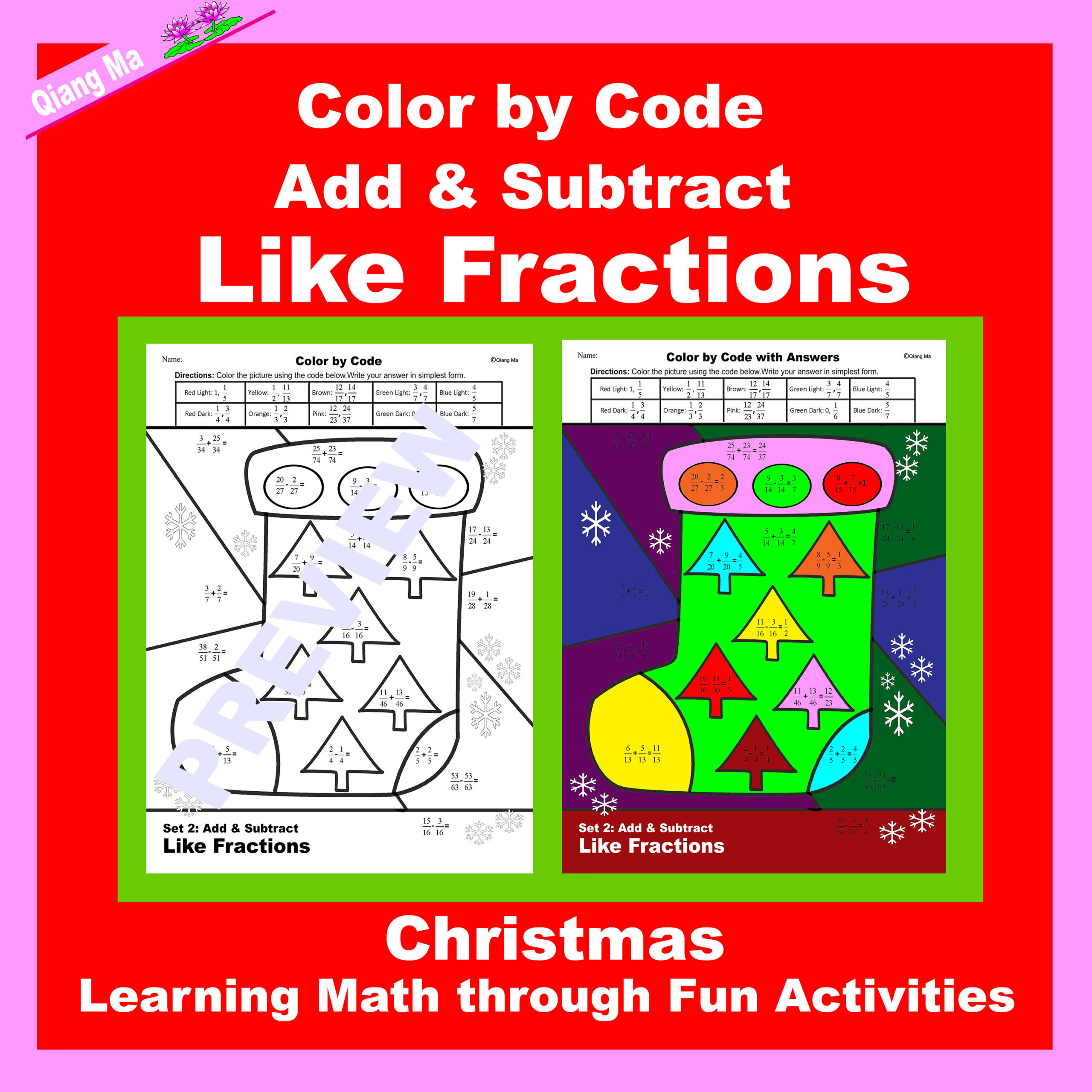 Christmas Color by Code- Add and Subtract Like Fractions - Classful