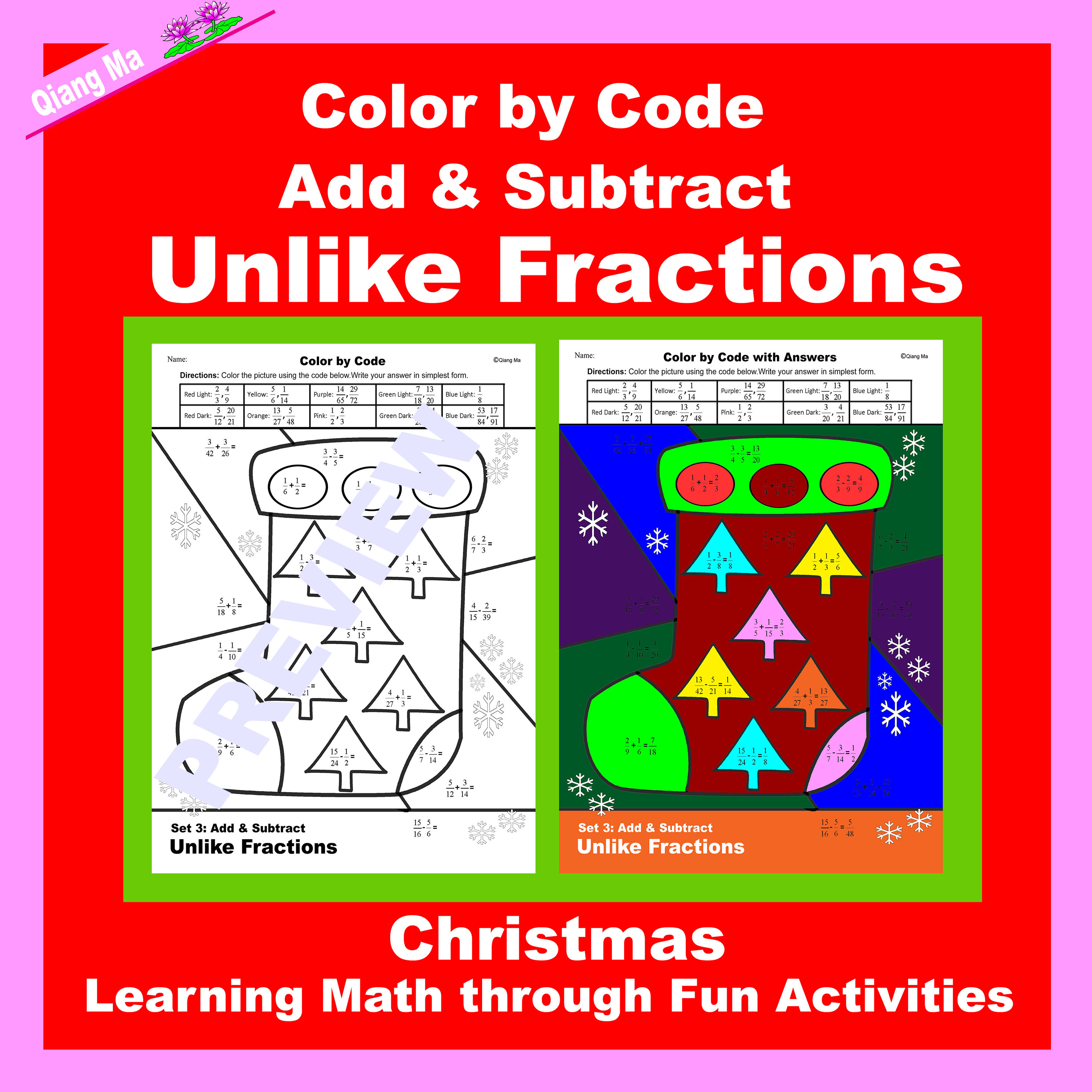 Christmas Color by Code- Add and Subtract Unlike Fractions - Classful