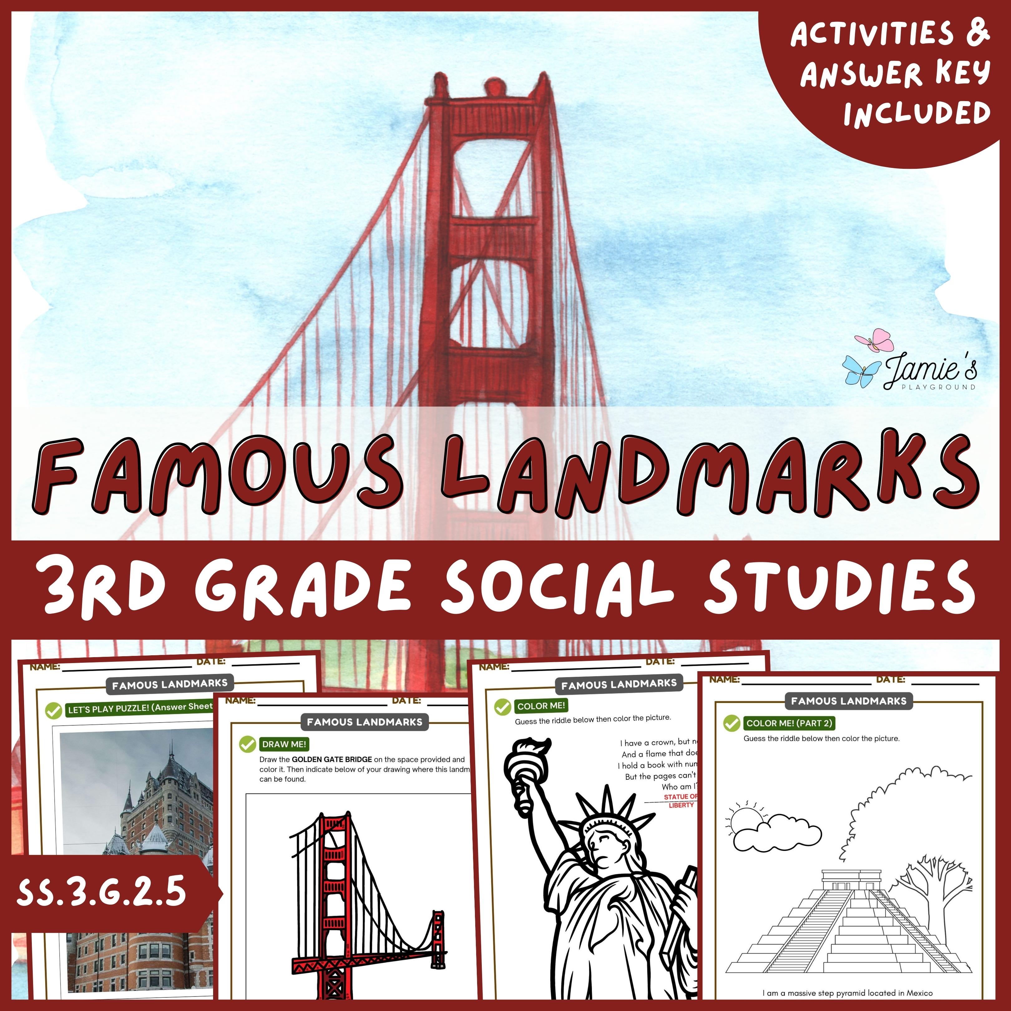 Famous Landmarks Activity & Answer Key 3rd Grade Social Studies - Classful