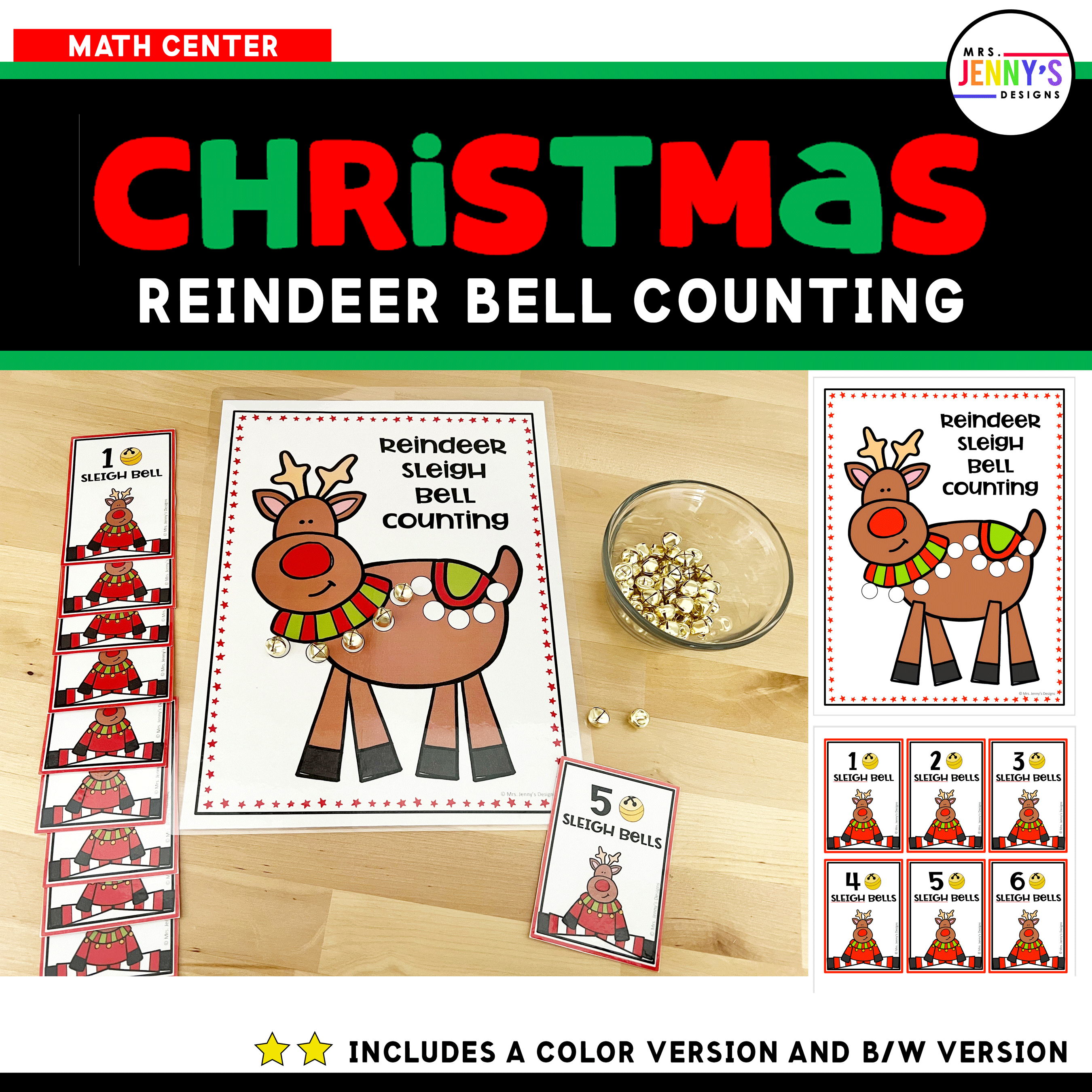 Christmas Reindeer Sleigh Bell Counting Math Activity for Preschool ...