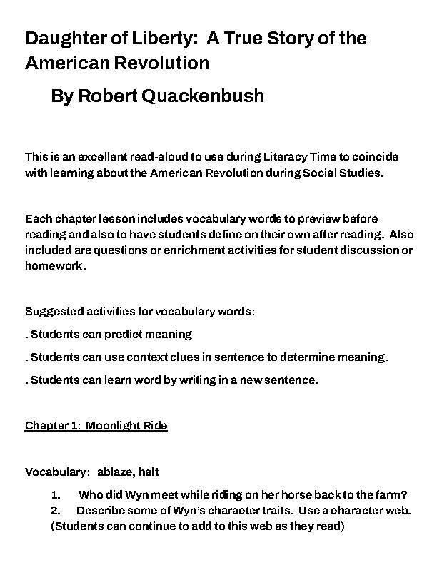 DAUGHTER OF LIBERTY by Robert Quackenbush READING COMPREHENSION WITH ...