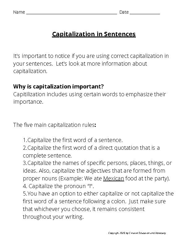 ELA Editing Writing for Correct Capitalization -middle high school ...