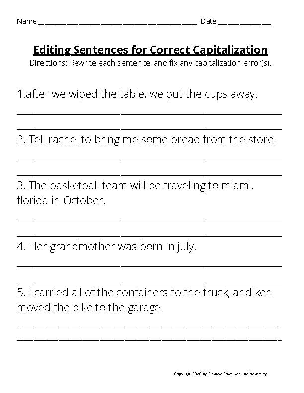 ELA Editing Writing for Correct Capitalization -middle high school ...