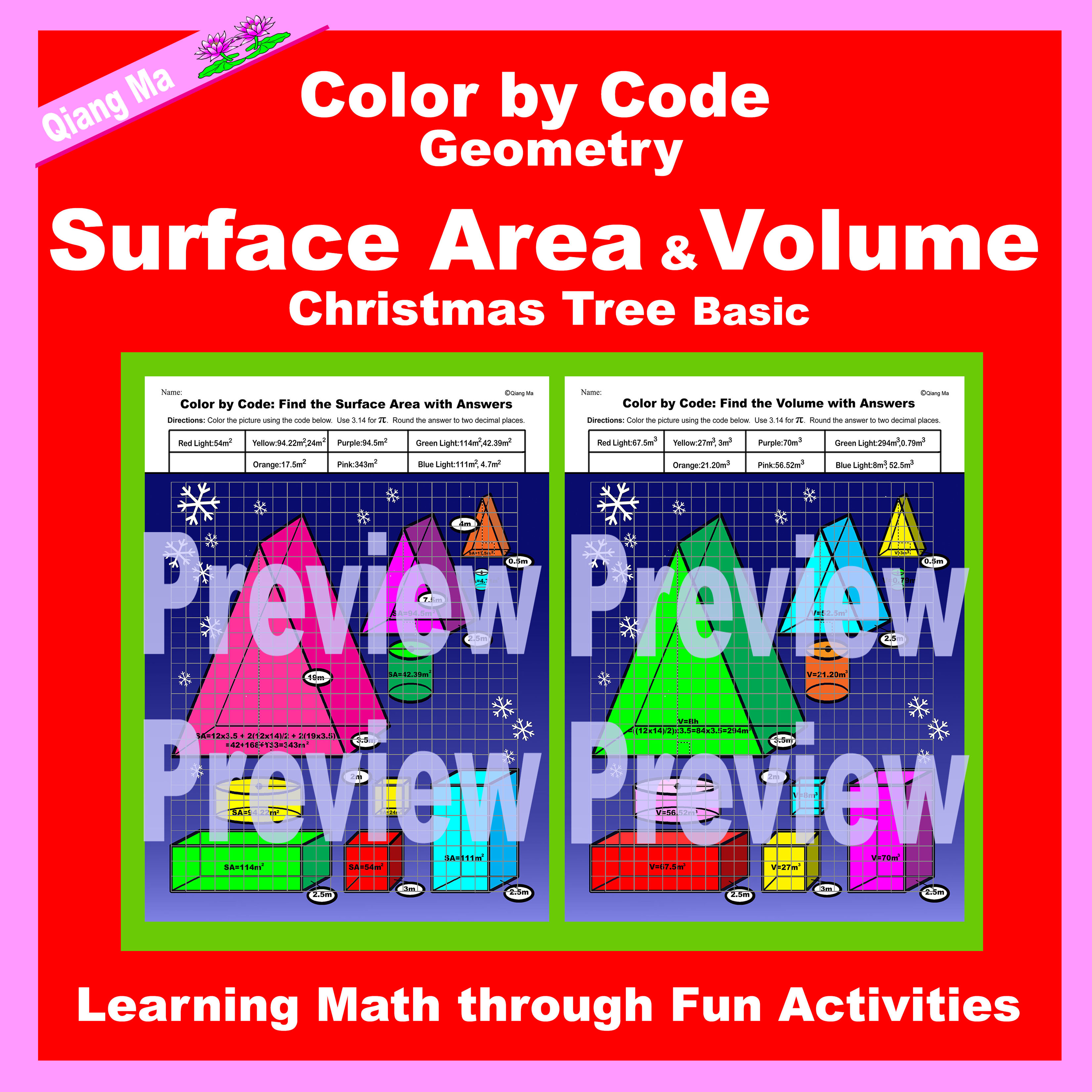 Christmas Color by Code- Surface Area and Volume- Christmas Tree Basic ...