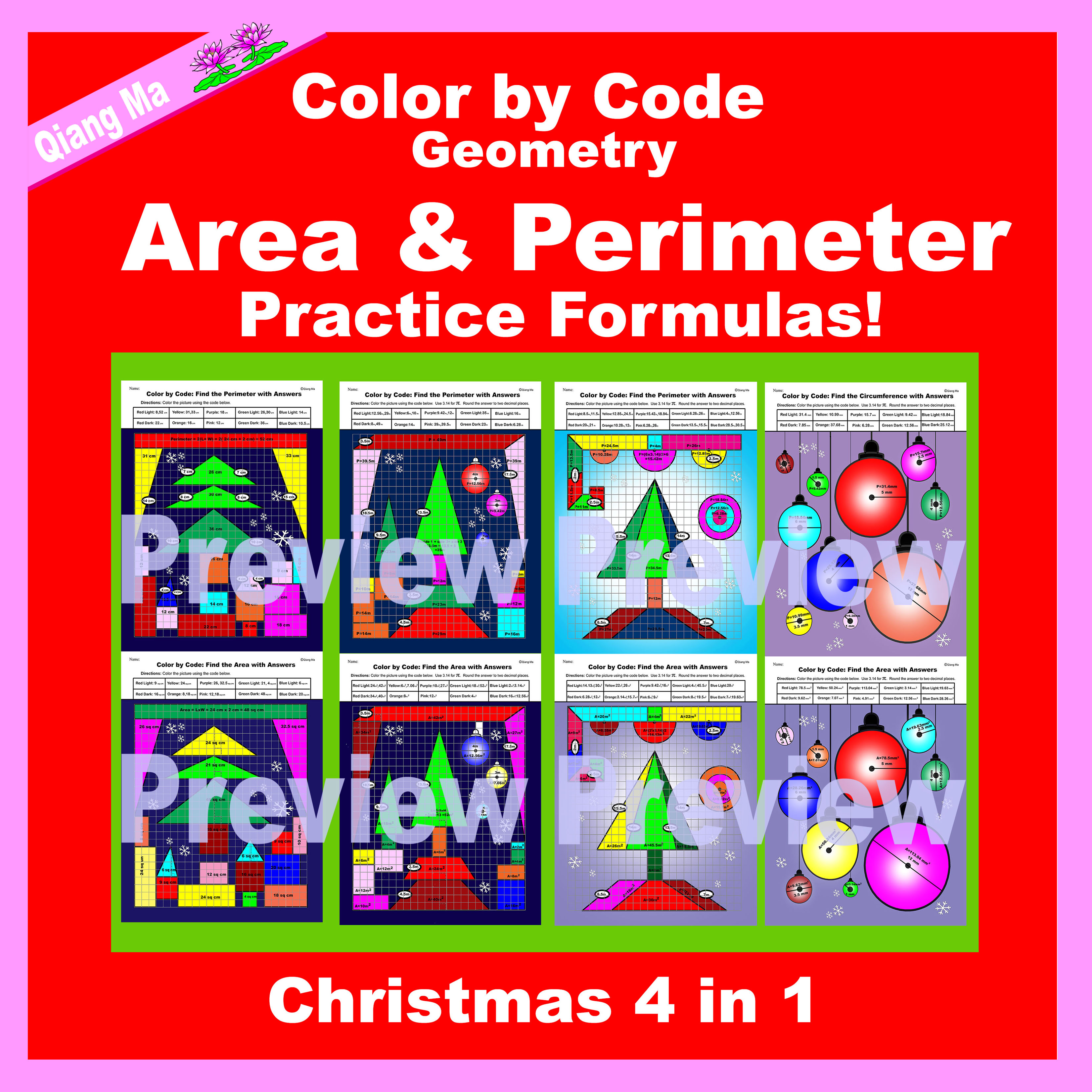Christmas Color by Code- Area and Perimeter Tree 4 in 1- Practice ...