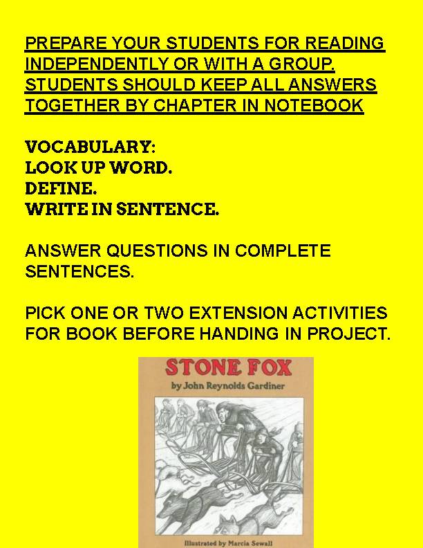 STONE FOX BY JOHN REYNOLDS GARDINER- READING LESSONS & ACTIVITIES UNIT ...