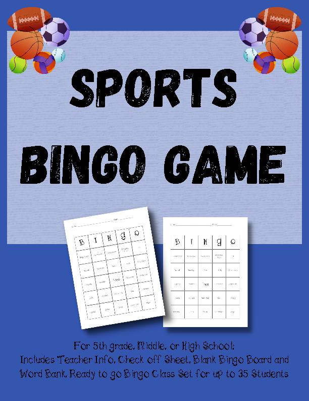 Sports Bingo Game - 5th grade middle high school Class Set up to 35 ...