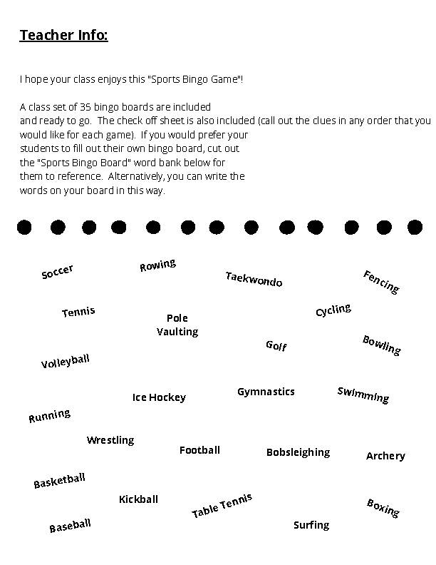 Sports Bingo Game - 5th grade middle high school Class Set up to 35 ...