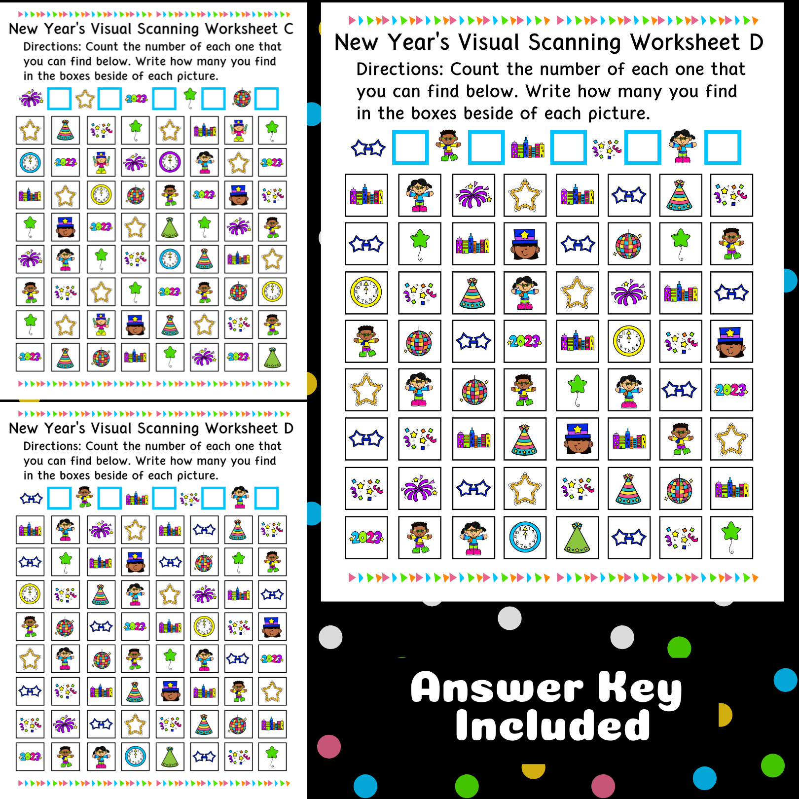 New Year's Visual Scanning Worksheets - Classful