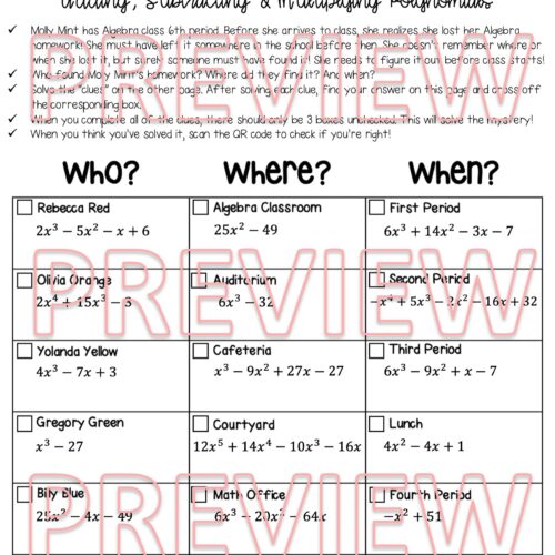 Adding, Subtracting and Multiplying Polynomials Clue Mystery Activity ...