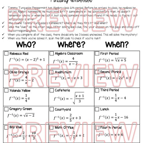 Finding Inverses of Functions Clue Mystery Activity - Classful