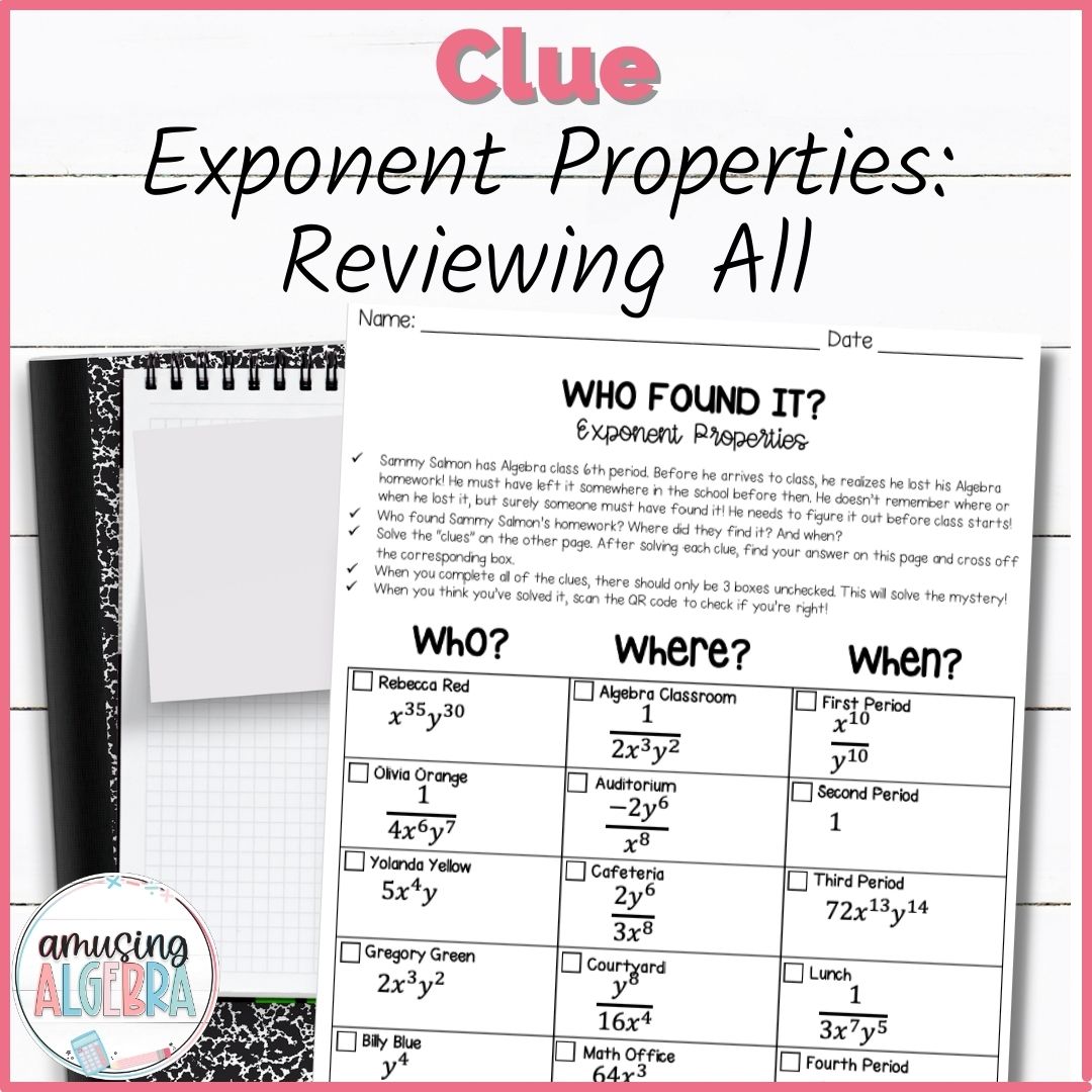 Reviewing All Exponent Properties Clue Mystery Activity - Classful