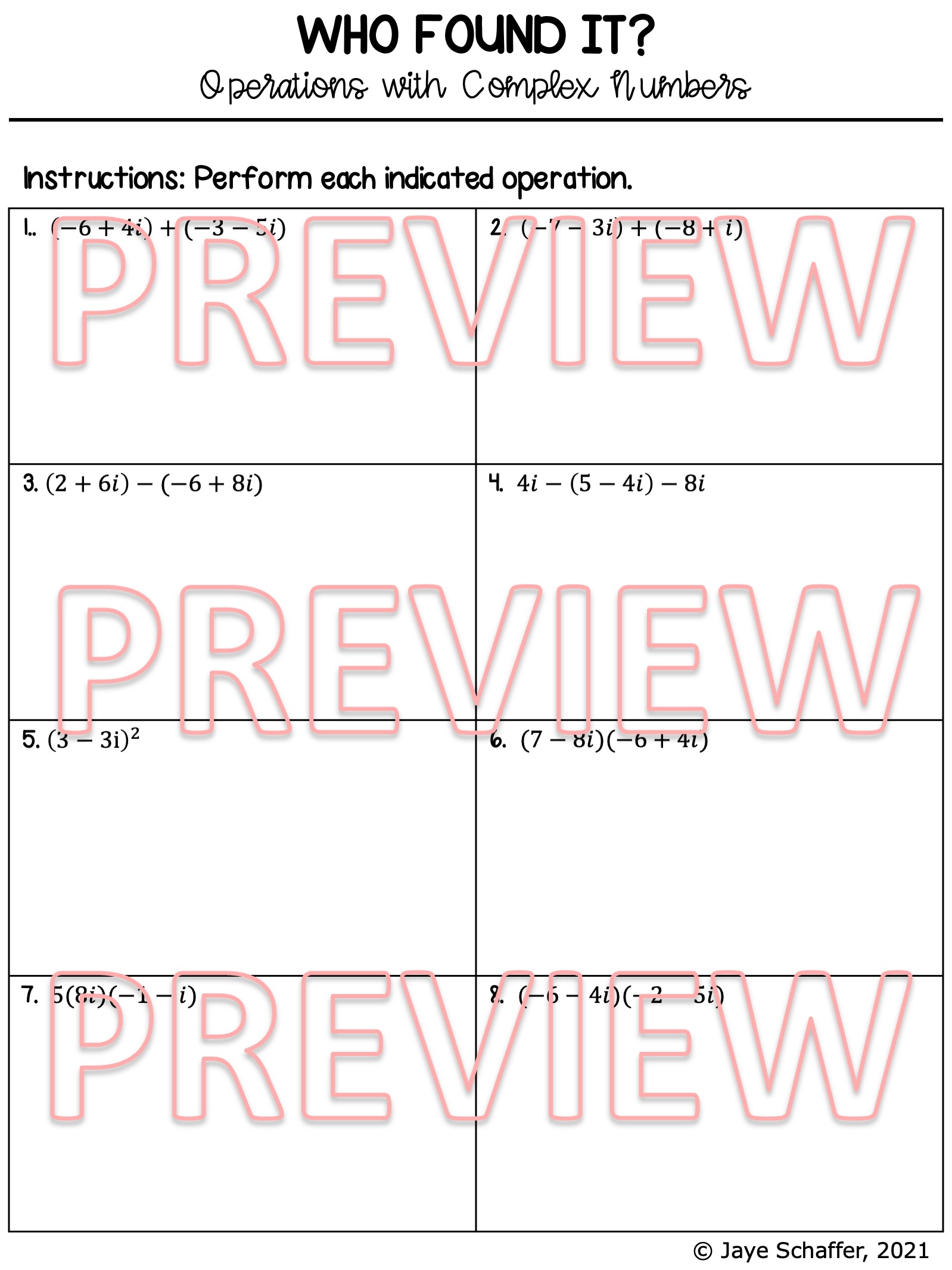Operations with Complex Numbers Clue Mystery Activity - Classful