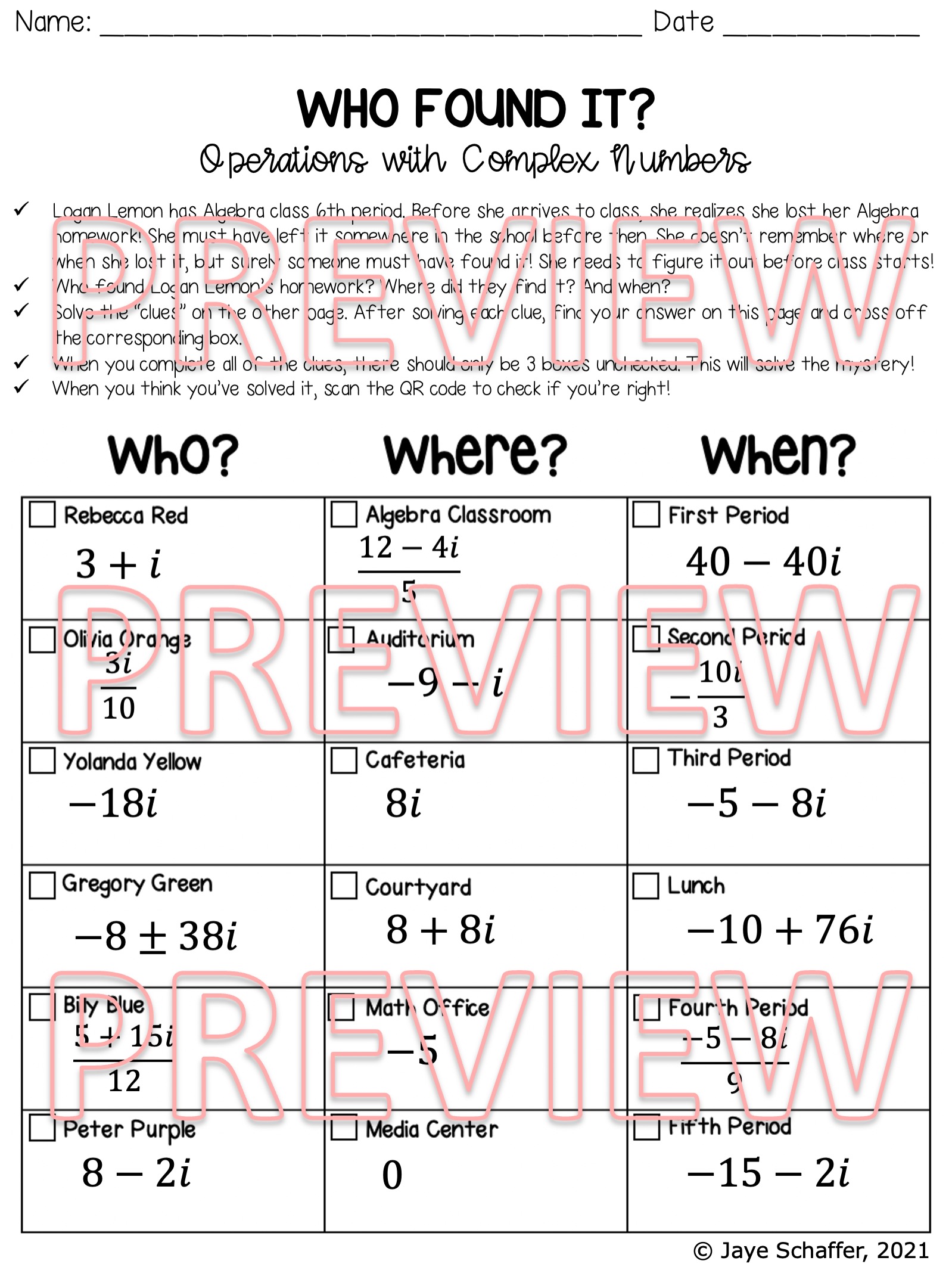 Operations with Complex Numbers Clue Mystery Activity - Classful
