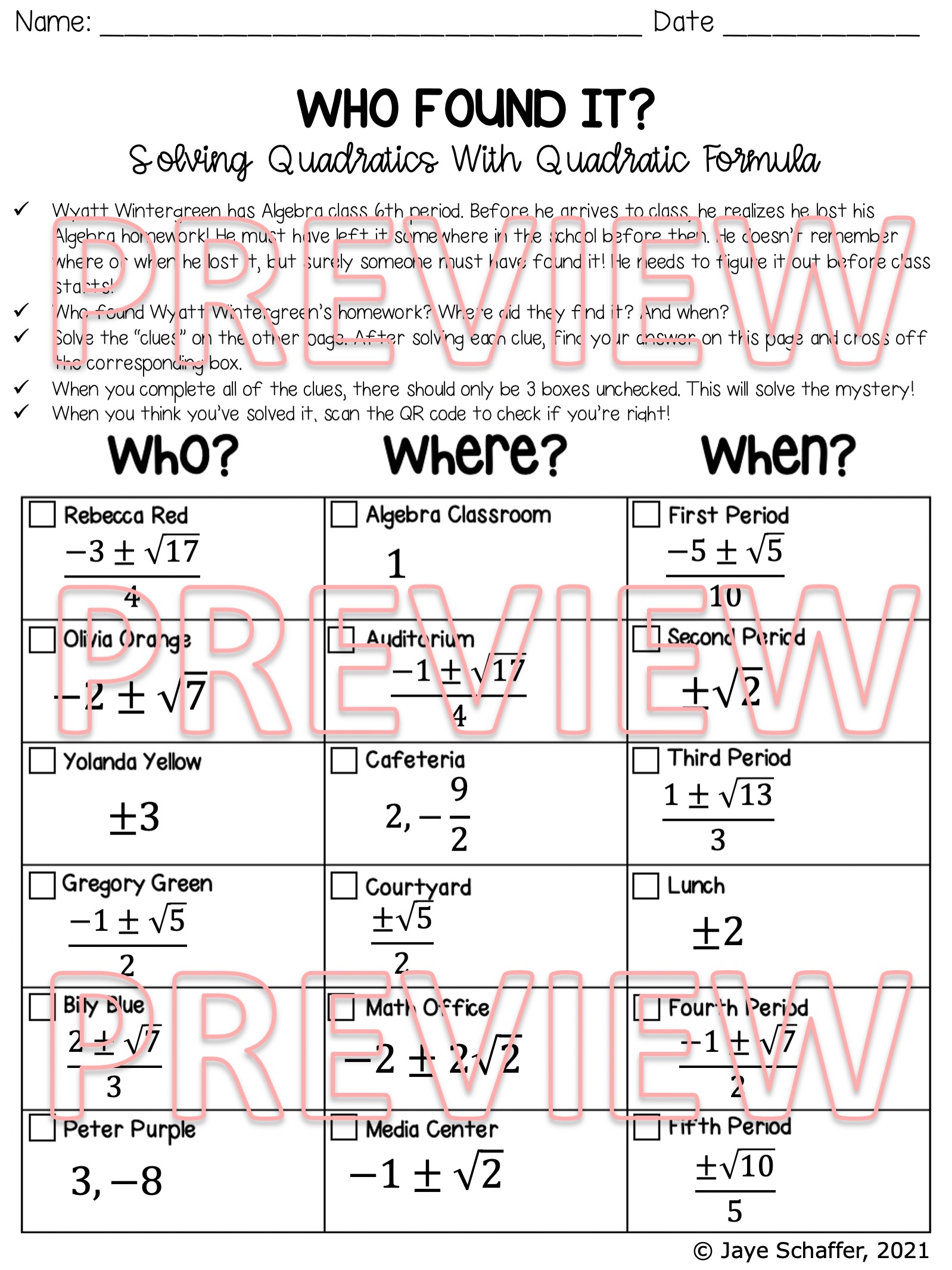 Solving Quadratics using Quadratic Formula Clue Mystery Activity - Classful