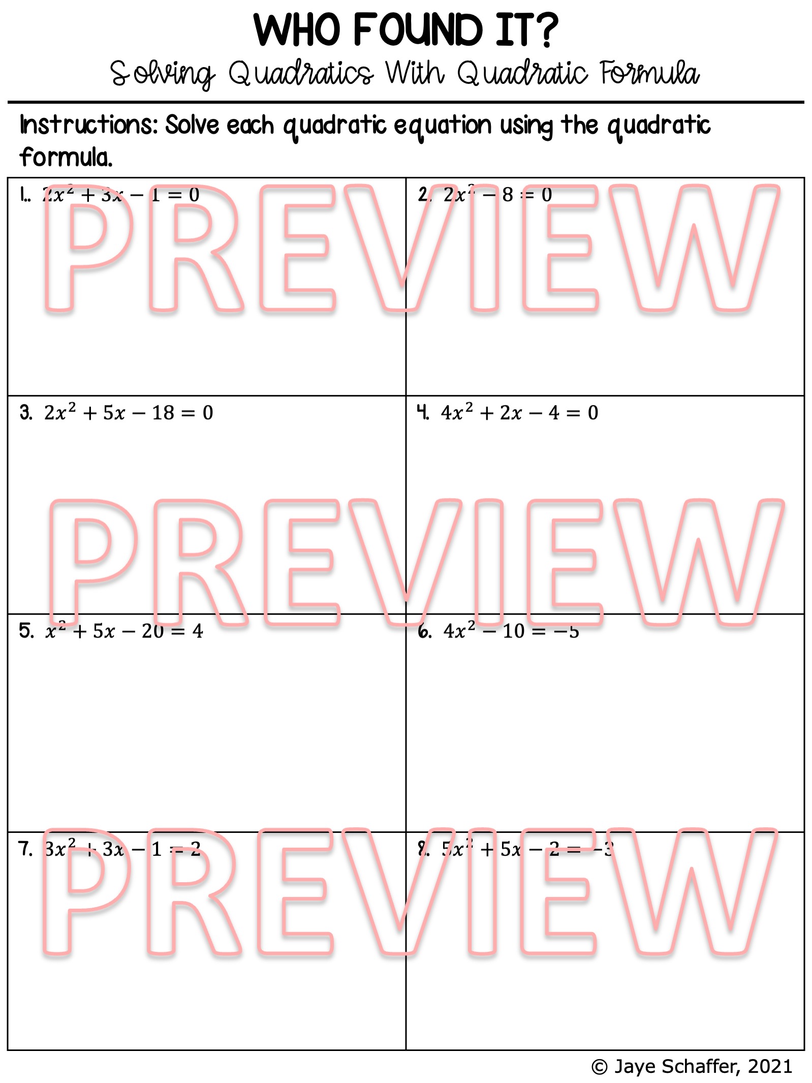 Solving Quadratics using Quadratic Formula Clue Mystery Activity - Classful