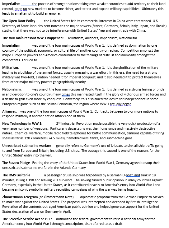 Quizlet / Blooket ready US History FL EOC key terms World War I - Classful